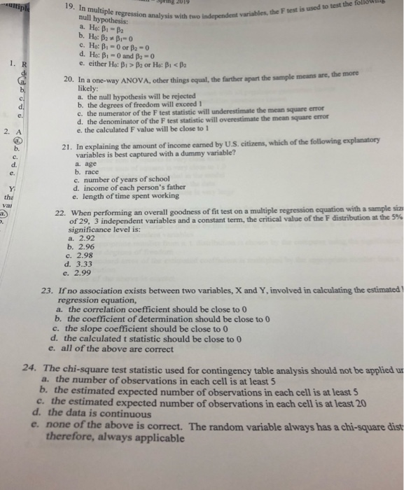 Solved 19. In multiple regression analysis independent null | Chegg.com