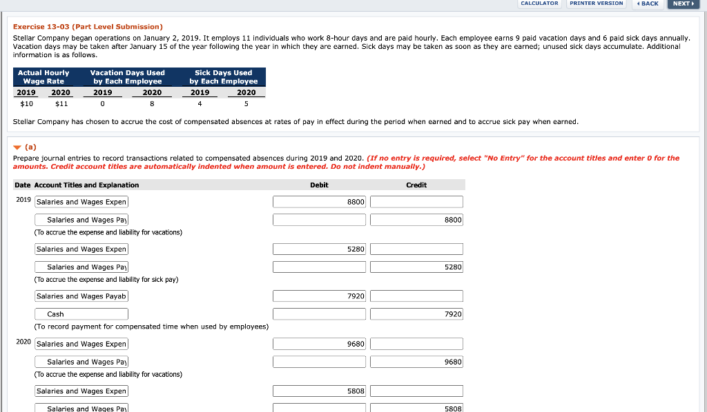 Solved CALCULATOR PRINTER VERSION 4 BACK NEXT Exercise 13-03 | Chegg.com