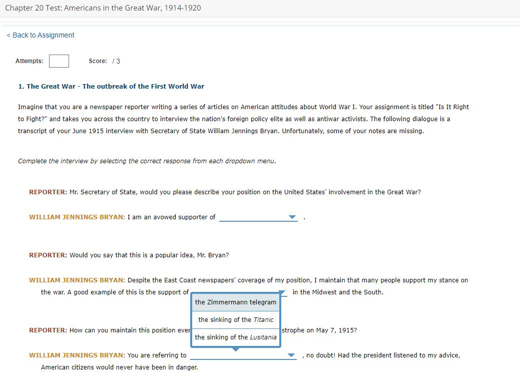 Solved Chapter 20 Test: Americans in the Great War, | Chegg.com