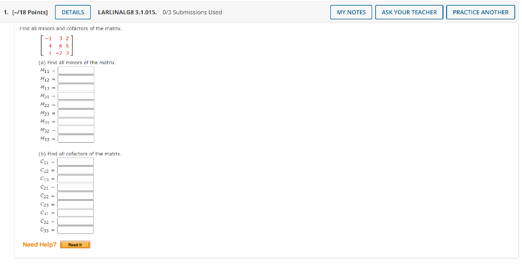 Solved 1. [-/18 Points) DETAILS LARLINALG8 3.1.015. 0/3 | Chegg.com