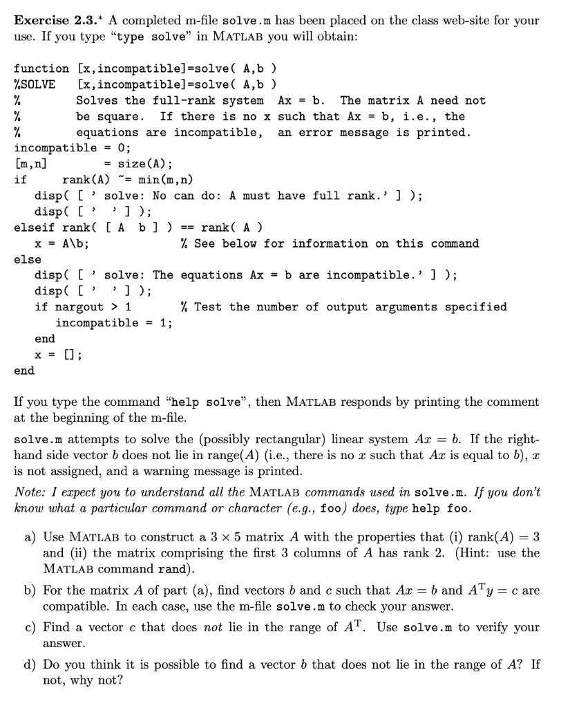 Solved Exercise 2.3.* A completed m-file solve.m has been | Chegg.com