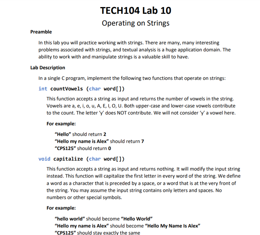 Solved TECH104 Lab 10 Operating on Strings Preamble In this | Chegg.com Solved TECH104 Lab 10 Operating on Strings Preamble In this | Chegg.com