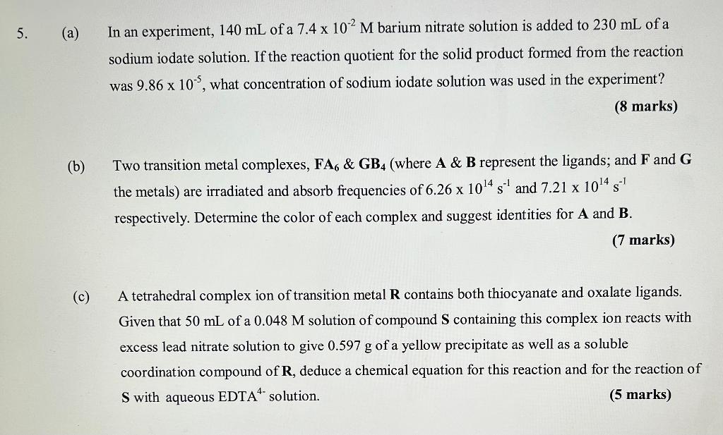 Solved (a) In an experiment, 140 mL of a 7.4×10−2M barium | Chegg.com