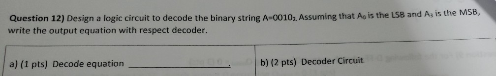 Solved Question 12 Design a logic circuit to decode the | Chegg.com