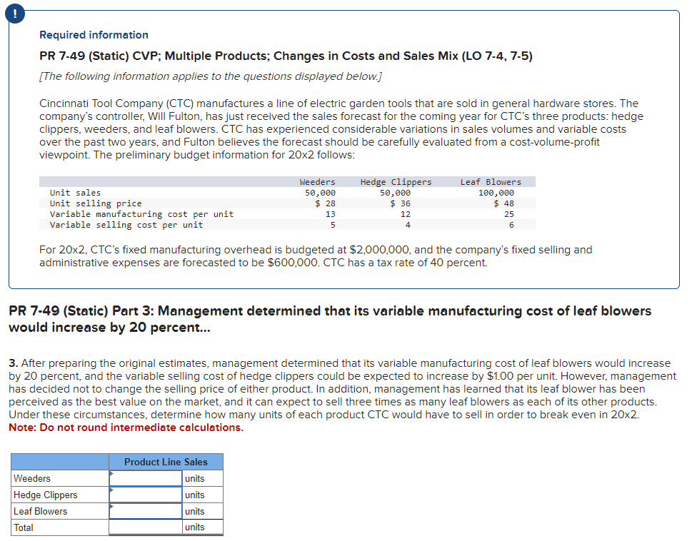 Solved Required information PR 7-49 (Static) CVP; Multiple | Chegg.com