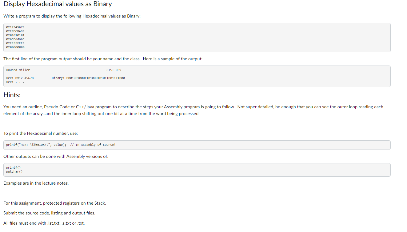 Solved Display Hexadecimal values as Binary Write a program | Chegg.com