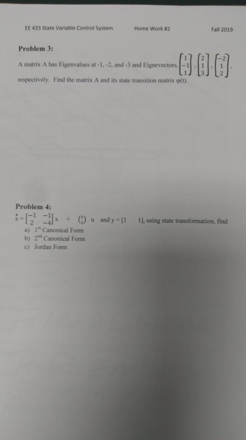 EE 433 State Variable Control System Home Work #2 | Chegg.com