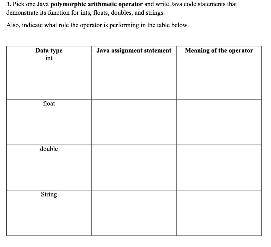 Solved 3. Pick one Java polymorphic arithmetic operator and | Chegg.com Solved 3. Pick one Java polymorphic arithmetic operator and | Chegg.com