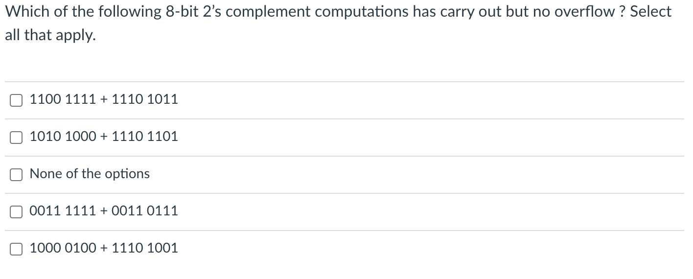 Solved Which of the following 8-bit 2's complement | Chegg.com