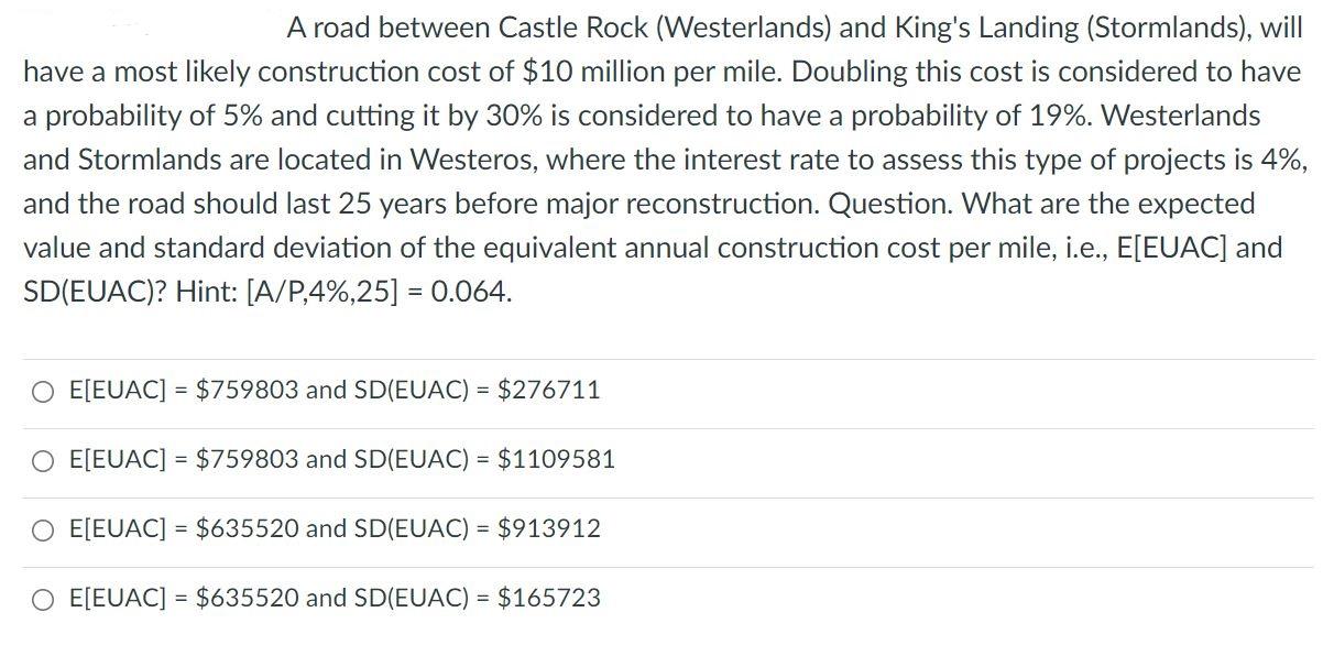 Solved A road between Castle Rock (Westerlands) and King's | Chegg.com