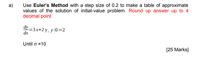 Solved a) Use Euler's Method with a step size of 0.2 to make | Chegg.com
