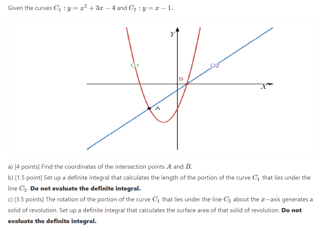 Solved Given the curves C1:y=x2+3x−4 and C2:y=x−1. a) [4 | Chegg.com