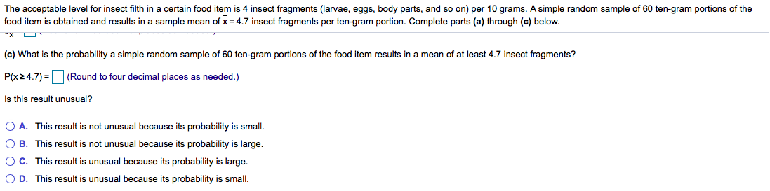 Solved The acceptable level for insect filth in a certain | Chegg.com