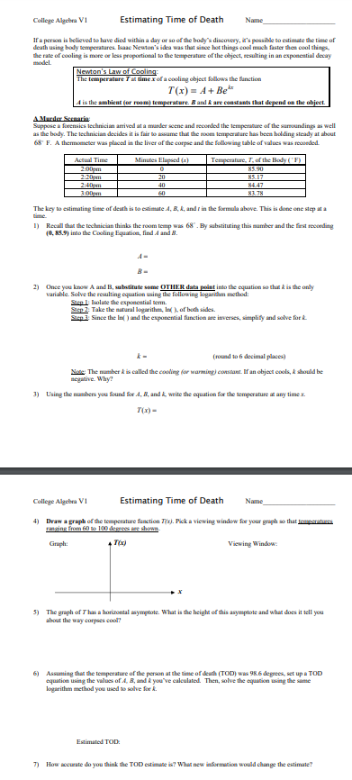 Solved College Alucha VI Estimating Time of Death Name If a | Chegg.com