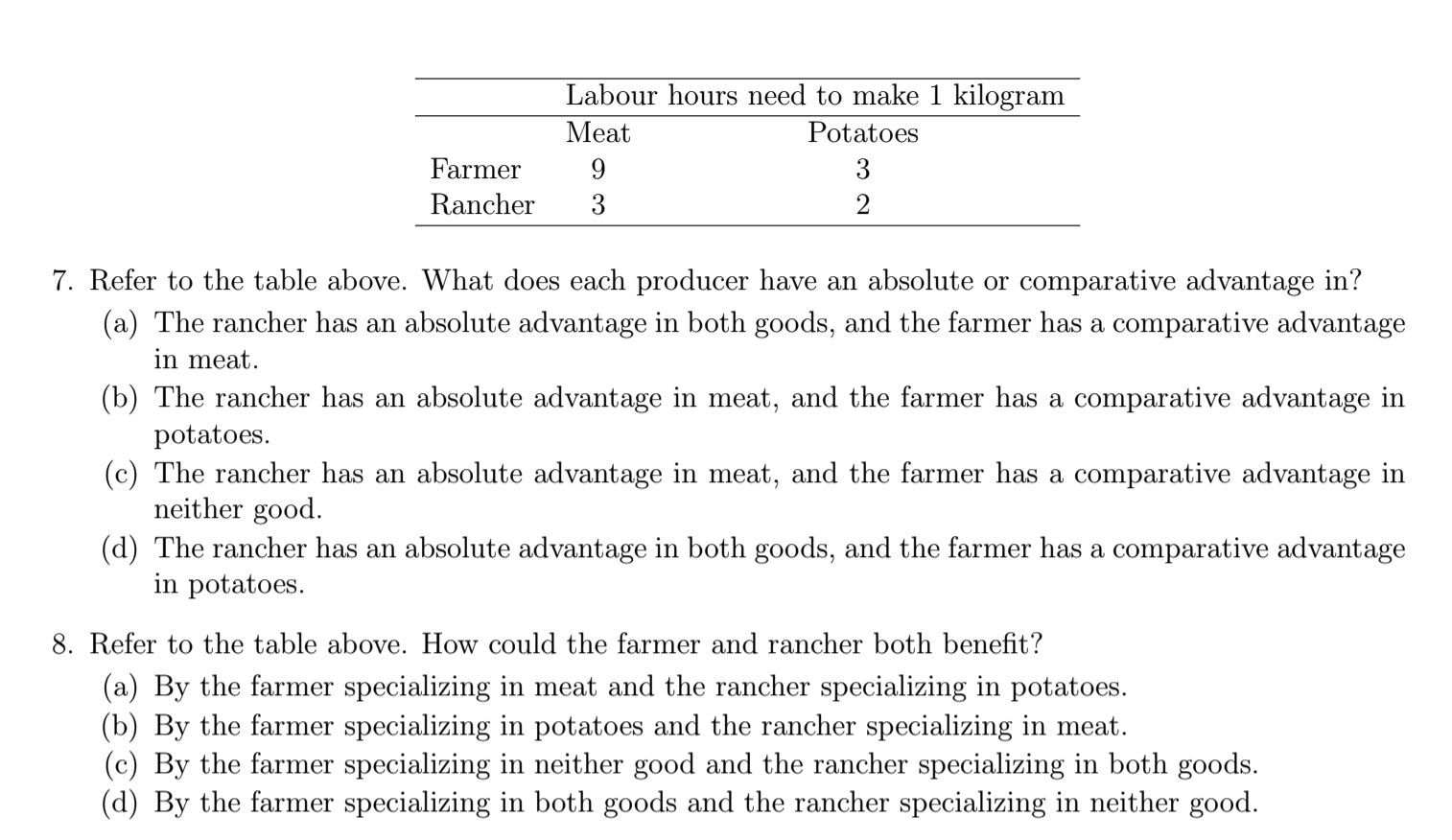 Solved Labour Hours Need To Make 1 Kilogram Meat Potatoes 9 Chegg
