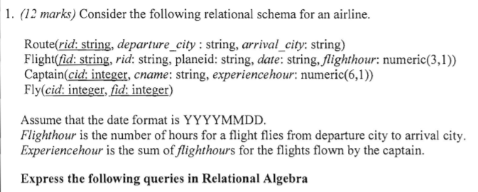 Solved 1. (12 marks) Consider the following relational | Chegg.com