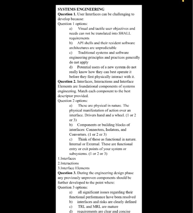 Solved SYSTEMS ENGINEERING Question 1. User Interfaces can | Chegg.com