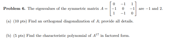 Solved Problem 6. The eigenvalues of the symmetric matrix A | Chegg.com