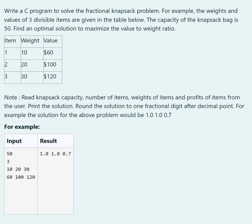Solved Write A C Program To Solve The Fractional Knapsack 