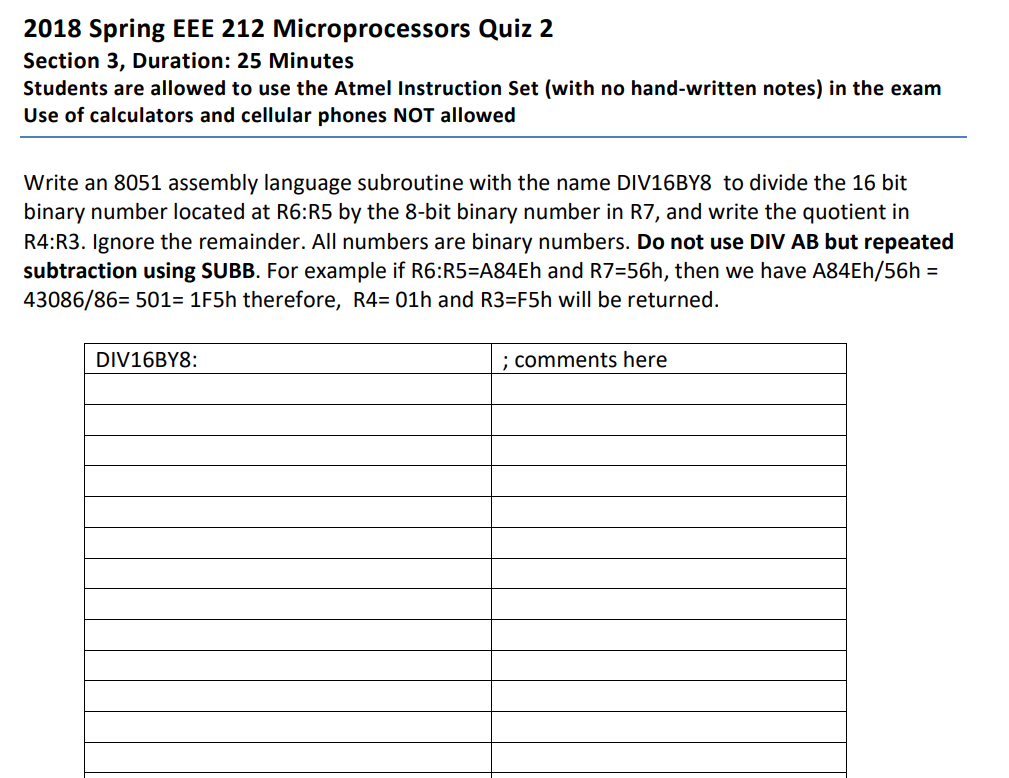 Solved 2018 Spring EEE 212 Microprocessors Quiz 2 Section 3, | Chegg.com