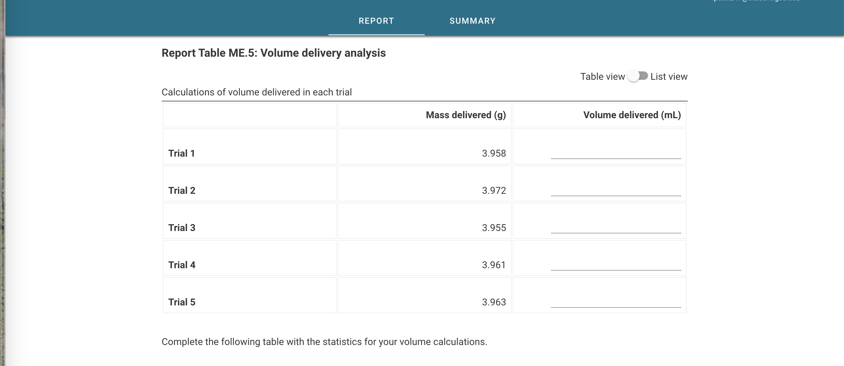 Table view List view Calculations of volume delivered | Chegg.com