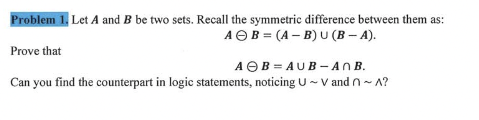Solved Problem 1. Let A and B be two sets. Recall the | Chegg.com