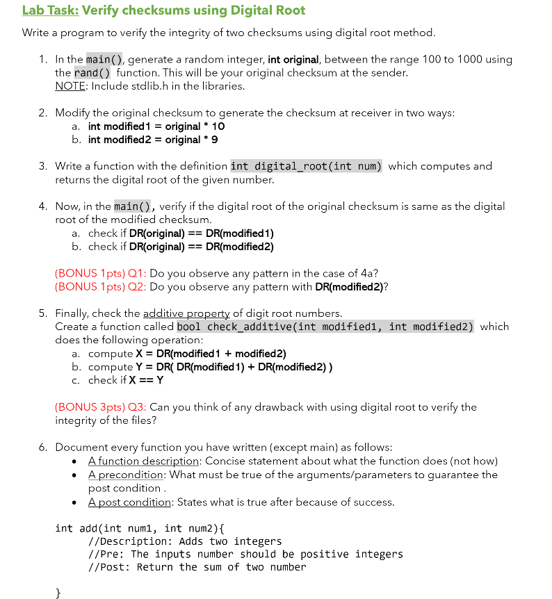 Solved ab Task: Verify checksums using Digital Root Vrite a | Chegg.com