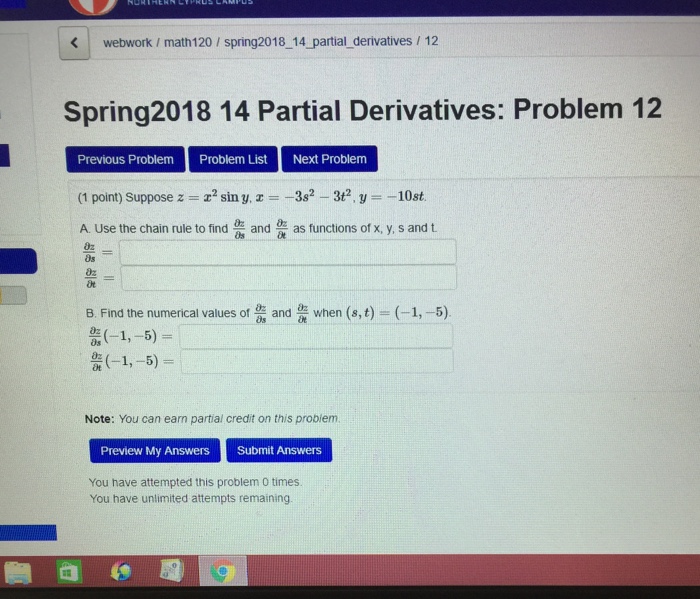 Solved webwork / math120 / spring2018_14 partial derivatives | Chegg.com