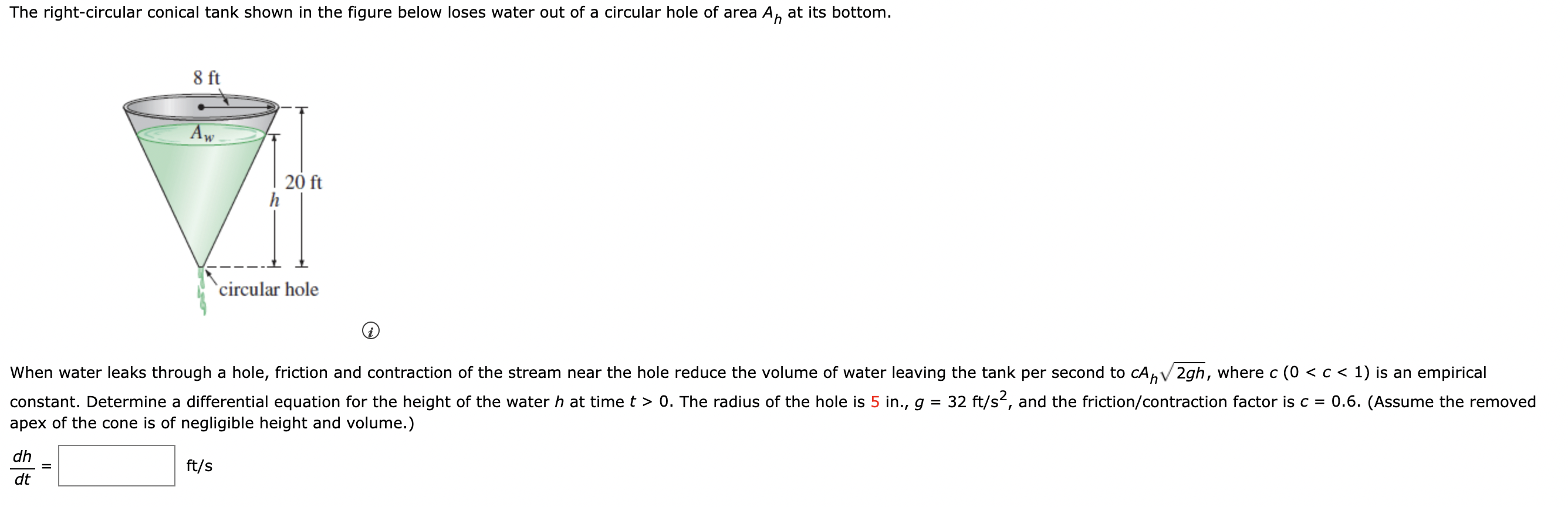 Solved The right-circular conical tank shown in the figure | Chegg.com