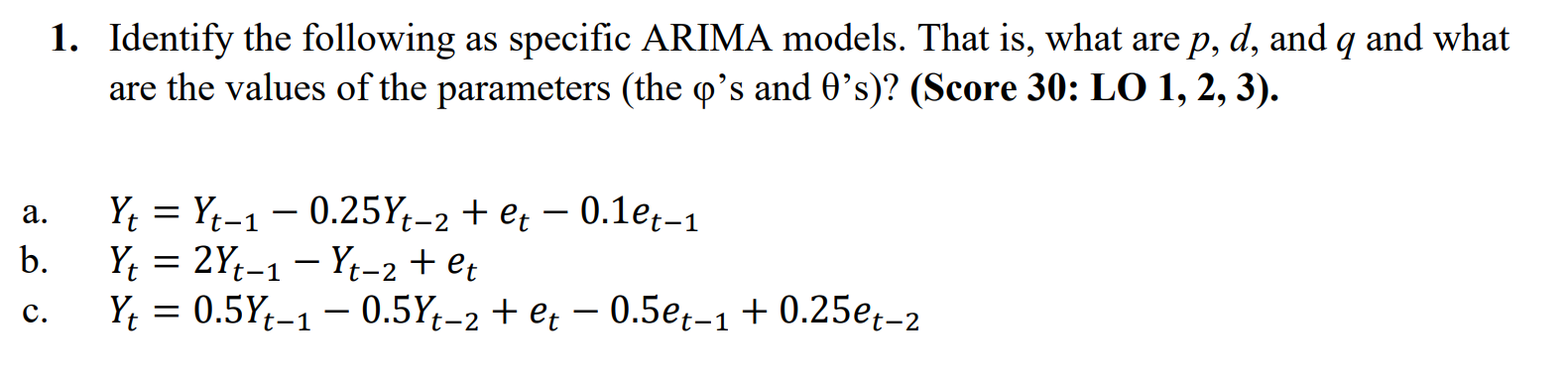 Solved a. b. C. 1. Identify the following as specific ARIMA | Chegg.com