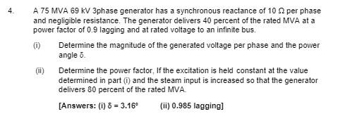 Solved A 75 MVA 69kV3 phase generator has a synchronous | Chegg.com