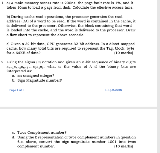 Solved 1. a) A main memory access rate is 200ns, the page | Chegg.com