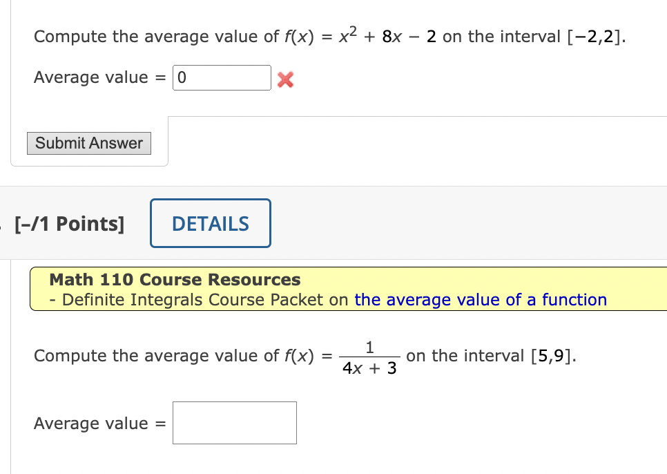 Solved Compute the average value of f(x)=x2+8x−2 on the | Chegg.com