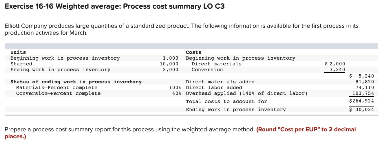 Solved Exercise 16-16 Weighted average: Process cost summary | Chegg.com