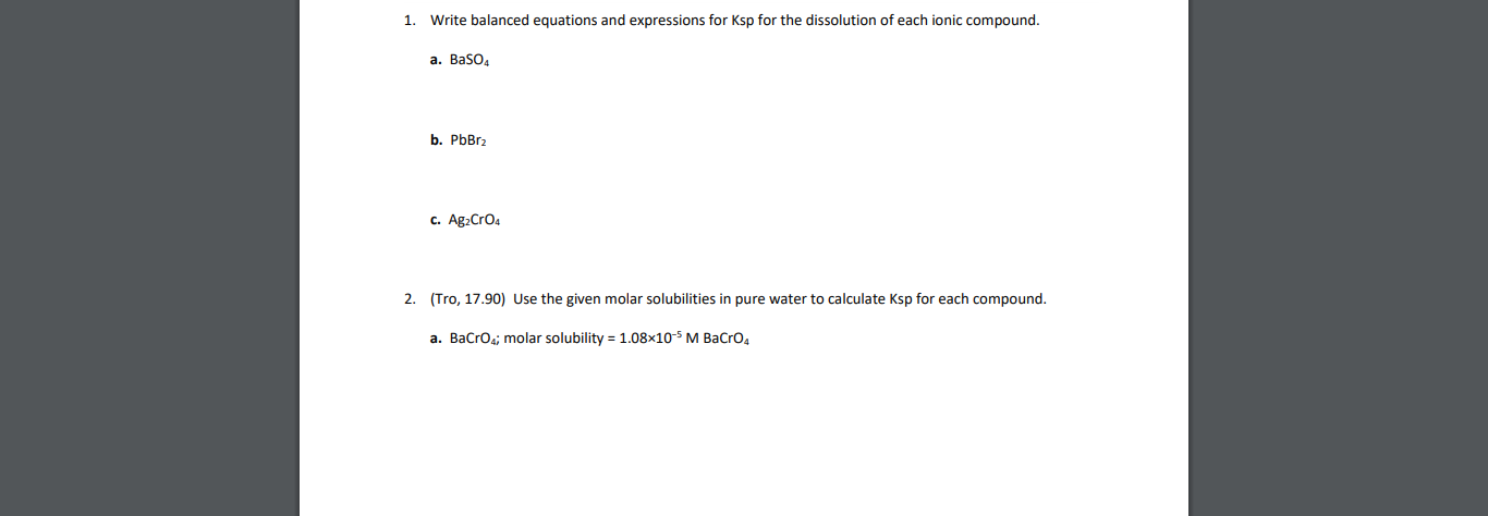 Solved 1 Write balanced equations and expressions for Ksp | Chegg.com