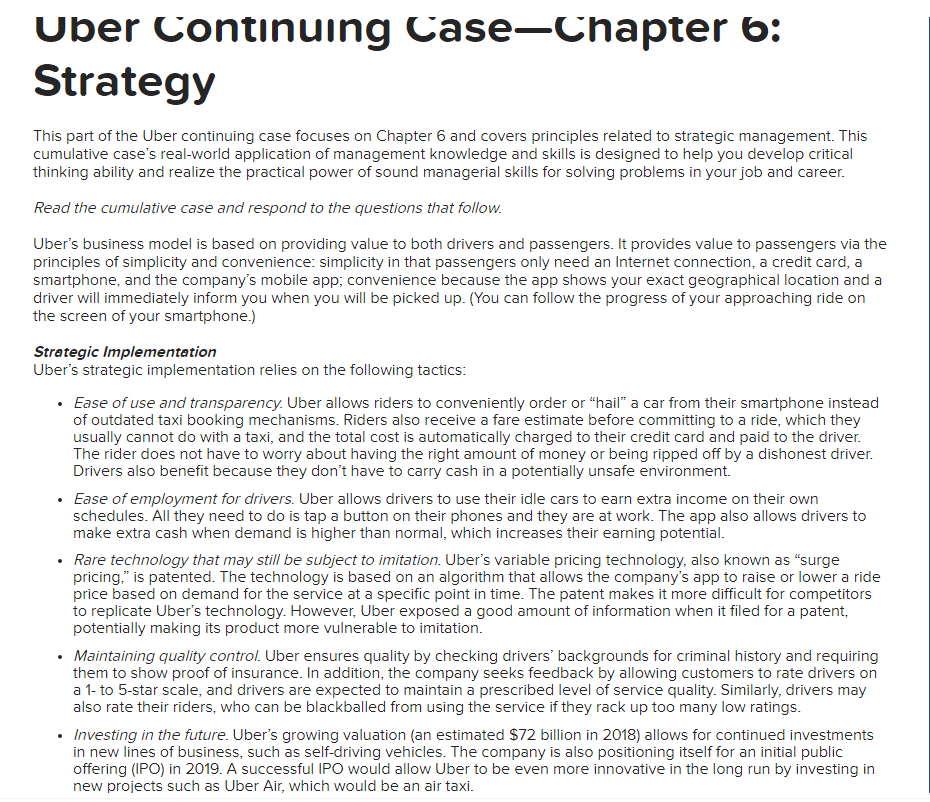 Solved Uber Continuing Case-Chapter 6: Strategy This part of | Chegg.com