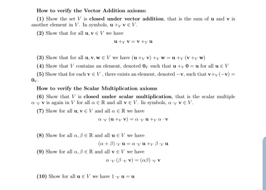 Solved How to verify the Vector Addition axioms: (1) Show | Chegg.com