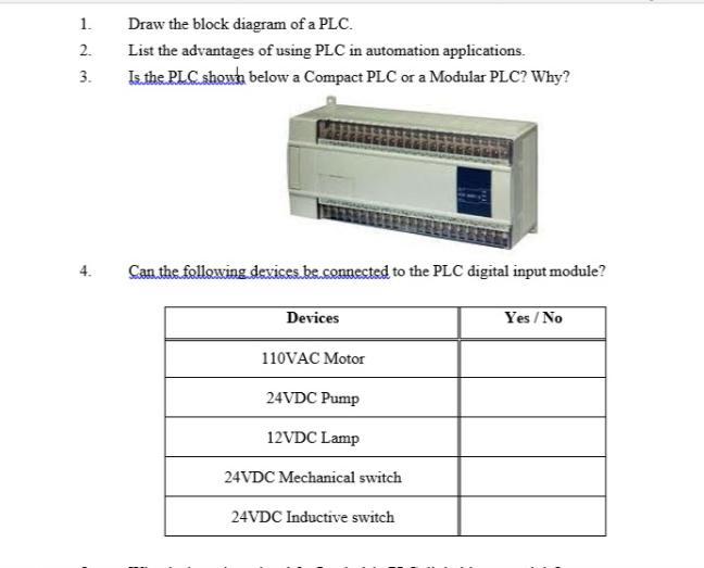 Solved 1. 2. 3. Draw the block diagram of a PLC. List the | Chegg.com