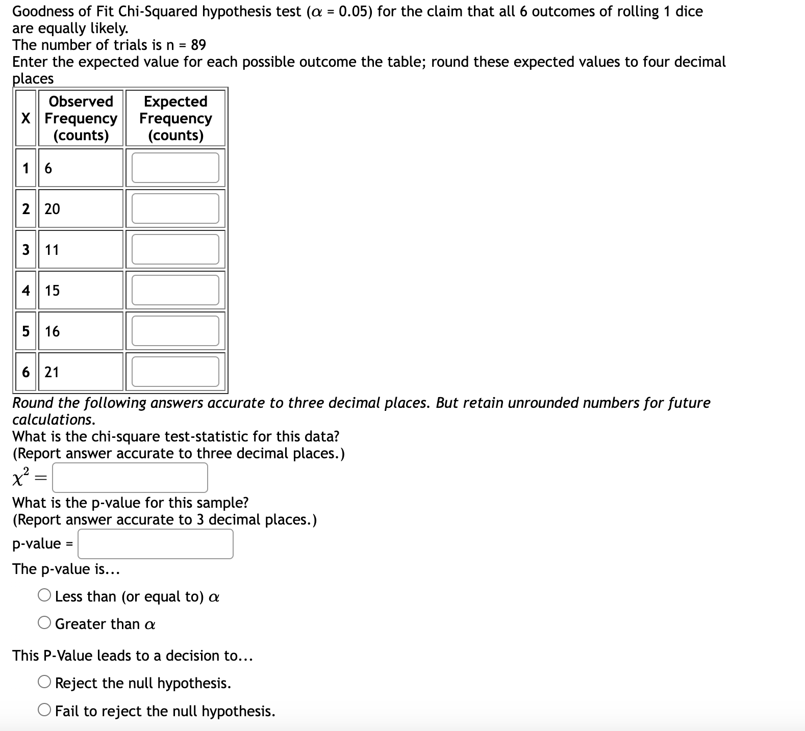Solved Goodness of Fit Chi-Squared hypothesis test (α=0.05) | Chegg.com