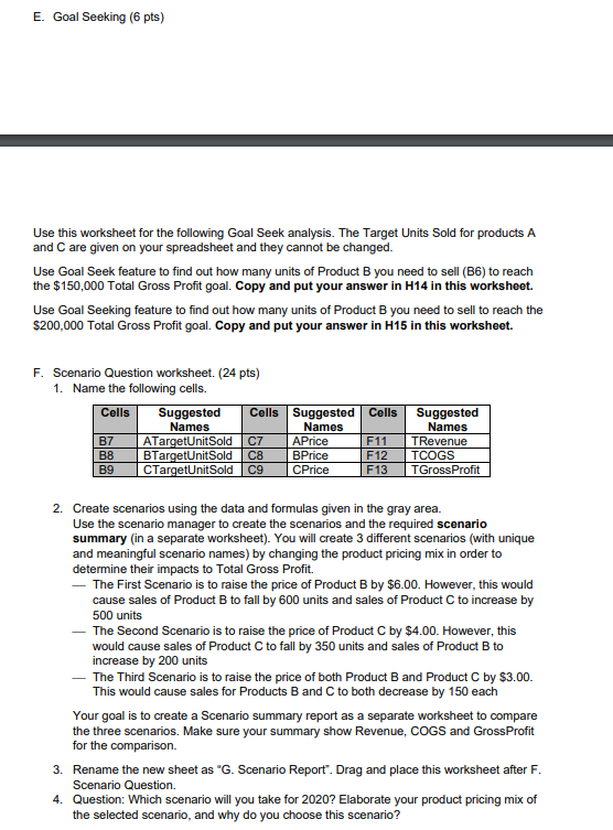 Solved E. Goal Seeking (6 pts) Use this worksheet for the | Chegg.com
