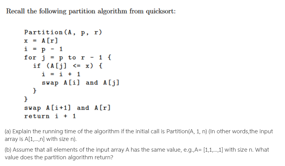 Solved Recall the following partition algorithm from | Chegg.com