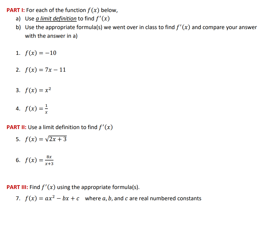 Solved PART I: For each of the function f(x) below, a) Use a | Chegg.com