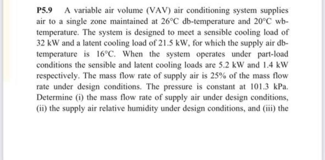 Solved P5.9 A variable air volume (VAV) air conditioning | Chegg.com