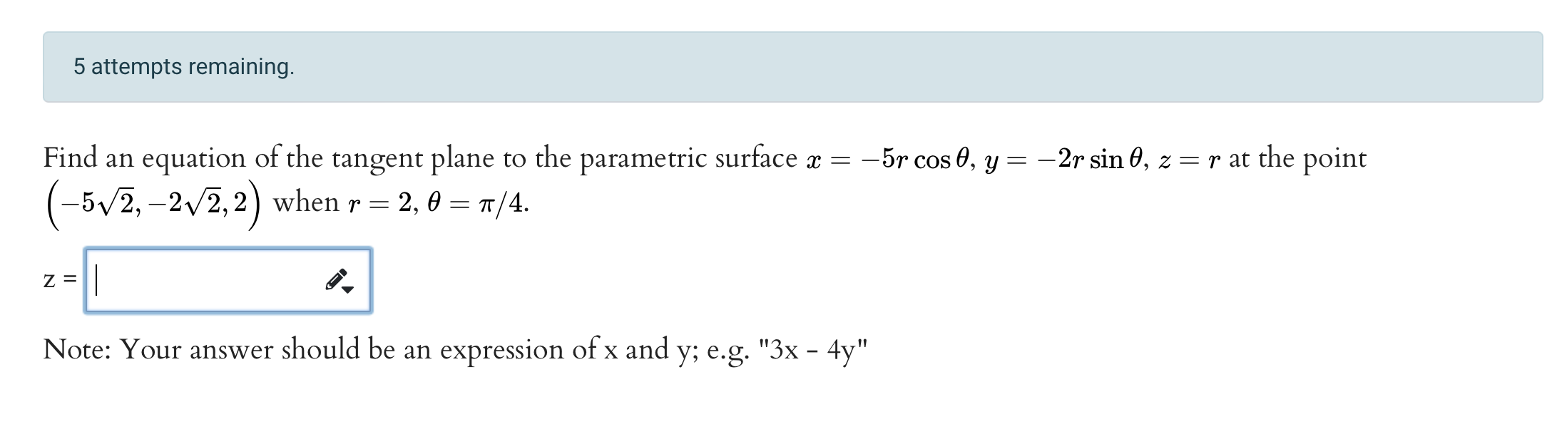 Solved 5 ﻿attempts remaining.Find an equation of the tangent | Chegg.com