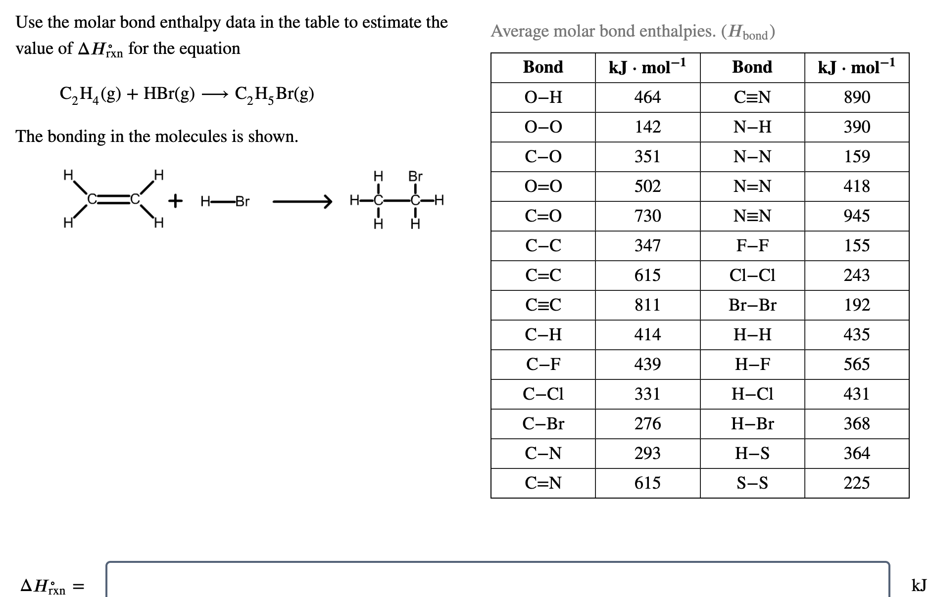 Solved Use the molar bond enthalpy data in the table to | Chegg.com