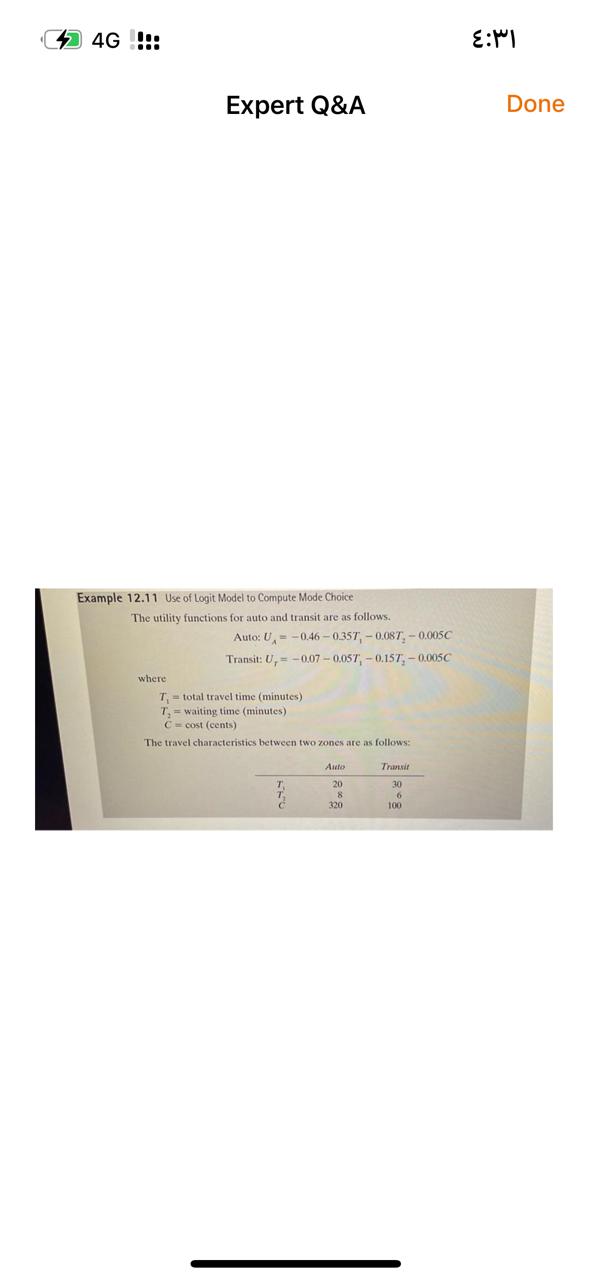 Solved xample 12.11 Use of Logit Model to Compute Mode | Chegg.com