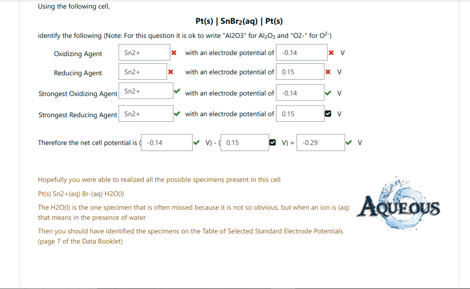 Solved Using the following cell Pt(s) | SnBr2(aq) Pt(s) | Chegg.com