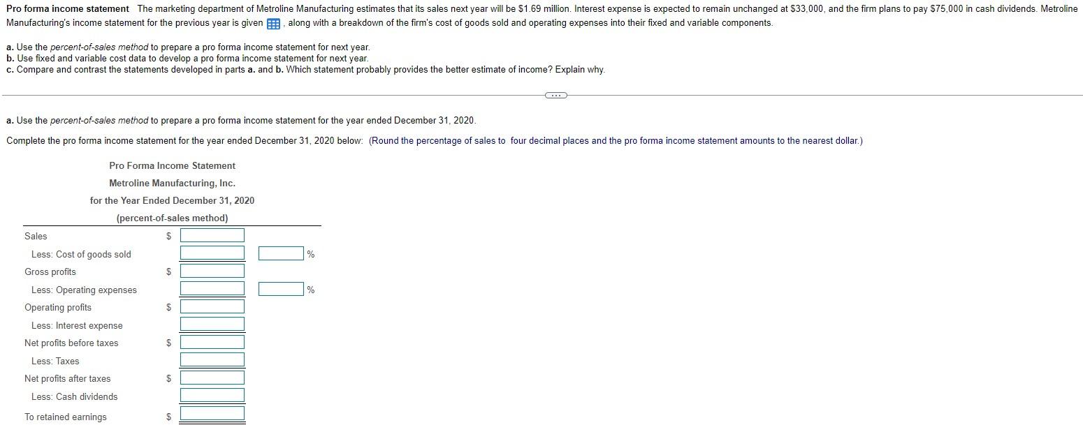 Solved a. Use the percent-of-sales method to prepare a pro | Chegg.com