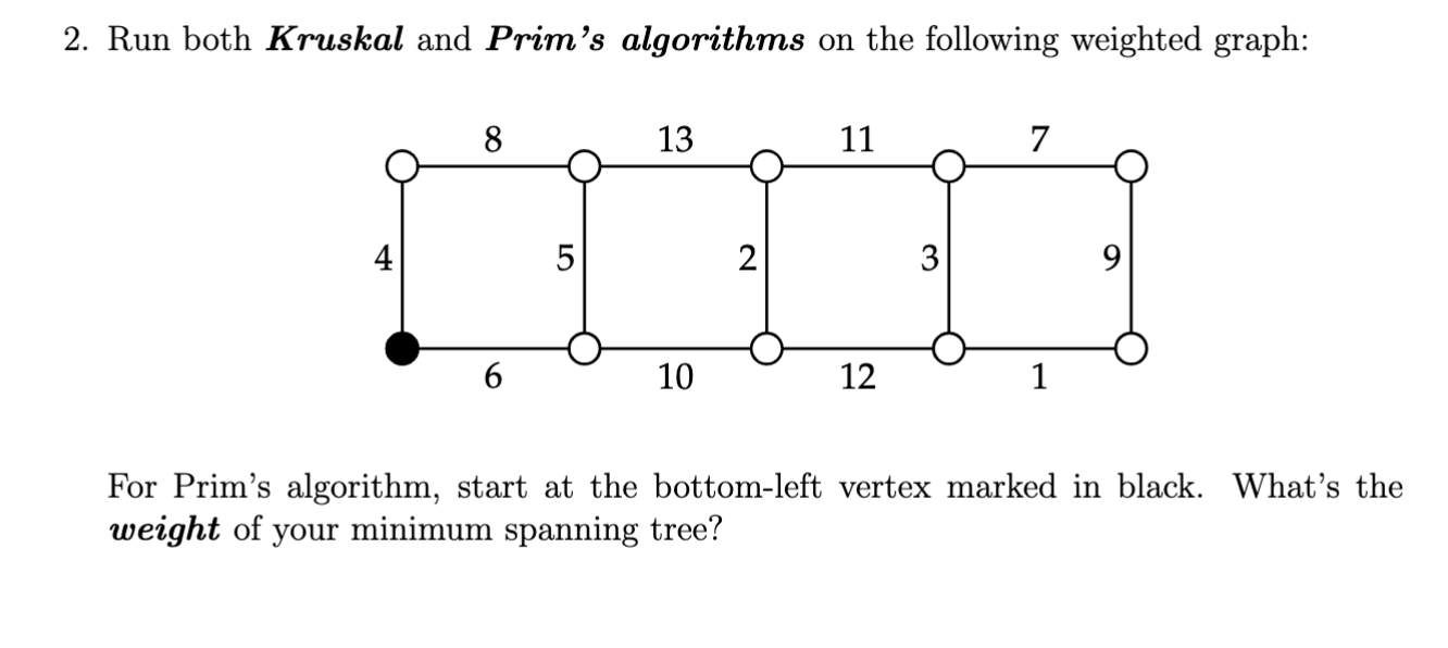 Solved 2. Run both Kruskal and Prim's algorithms on the | Chegg.com Solved 2. Run both Kruskal and Prim's algorithms on the | Chegg.com