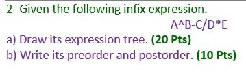 Solved 2- Given the following infix expression. A^B-C/D*E a) | Chegg.com